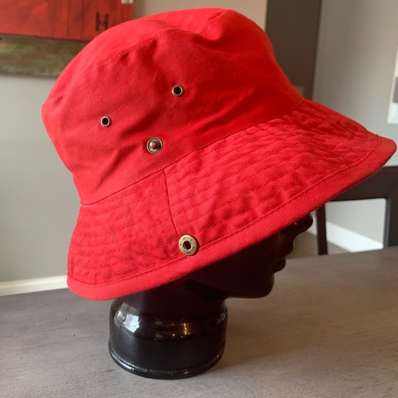 Accessories | Red Bucket Hat With Side Snap Buttons 10 Cotton | Poshmark